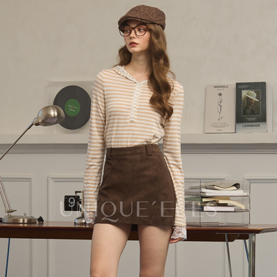 尢壹/UNIQUE'EEES 百搭显瘦/羊毛天丝条纹收腰连帽长袖T 恤