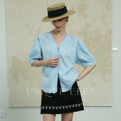 尢壹/UNIQUE'EEES设计感短袖V领休闲宽松百搭衬衫U5110015