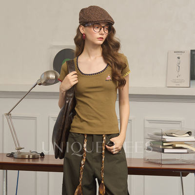 尢壹/UNIQUE'EEES 贝壳绣撞色u领彩点短袖T恤女上衣U5311001