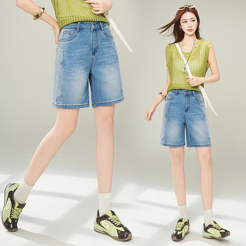 女款高腰牛仔短裤夏季新款小个子直筒时尚薄款百搭五分短裤女