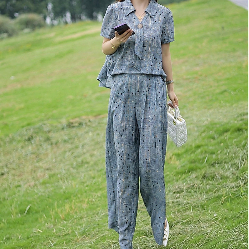 时尚套装女2026夏季新款洋气显瘦翻领印花上衣高腰阔腿裤两件套潮