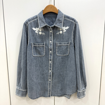 26192欧洲站2026春新款时尚撞色绣花滚边单排扣翻领显瘦衬衫上衣