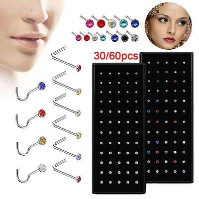L Shape Stainless Steel Crystal Nose Ring Set Women Surgical