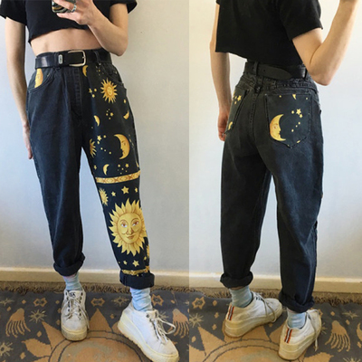 printe black jeans欧美外贸女士高腰牛仔长裤宽松百搭印花直筒裤