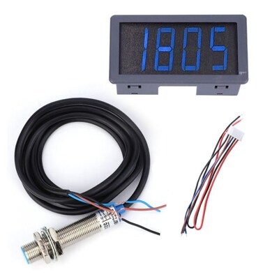 Blue 4 Digit LED Motor Tachometer RPM Gauge Meter + NPN Hall