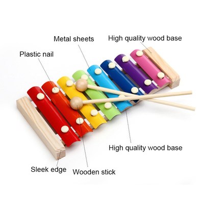 Wooden Xylophone Musical Instrument 8 Tones Toys Multicolor
