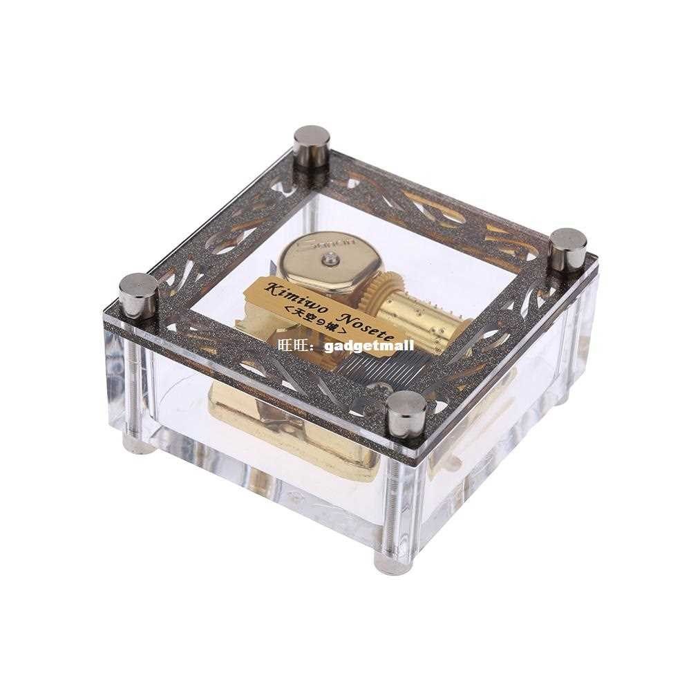 Gold Acrylic Cubic Musical Box with Patterns on Top 18Notes_虎窝淘