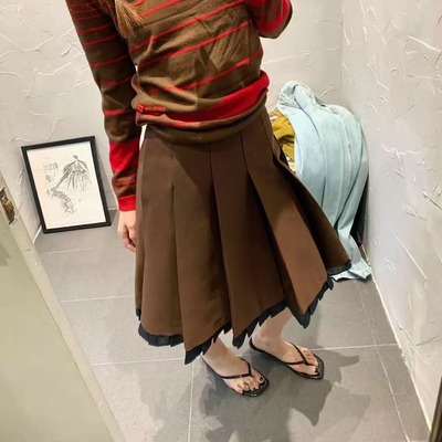 设计感拼接花边宽褶miu系半身裙