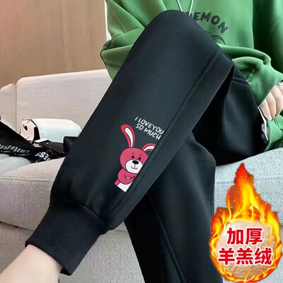 羊羔绒运动裤女冬季大码胖mm哈伦裤显瘦200斤休闲宽松束脚加绒加
