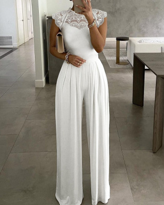 Women Solid Wide Leg Jumpsuit Summer花边领圆领纯色连体裤