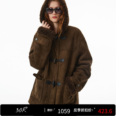 30.R 90s cleanfit/复合环保皮毛一体中长款连帽牛角扣外套