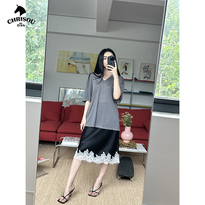 chrisoubydan欧阳丹2025早秋新款蕾丝拼接黑色半裙