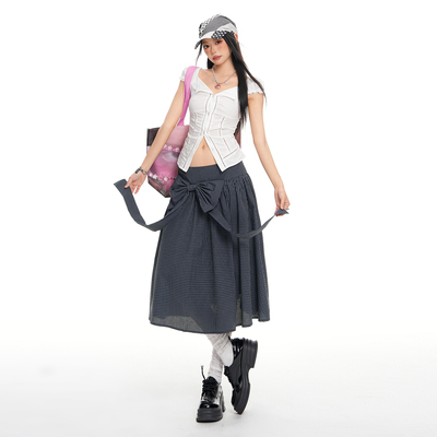 26th ootd!｜ 韩系藏青色格纹大蝴蝶结宽松显瘦a字中裙半身裙