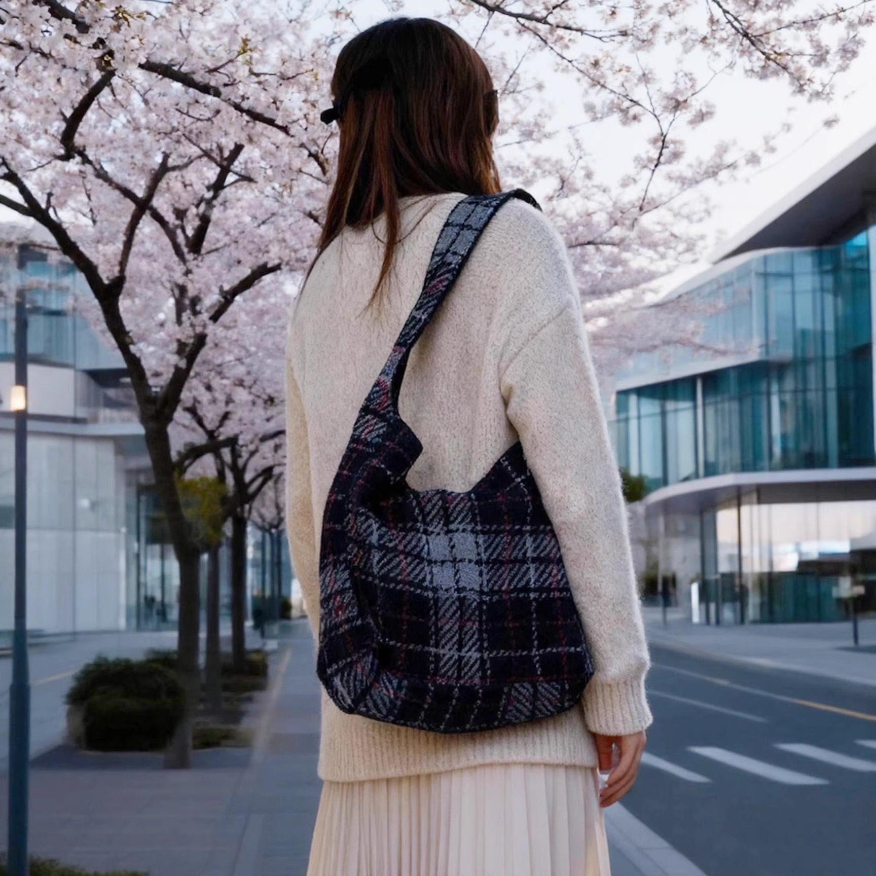 KNITFANATICS原创设计复古格纹针织托特包大容量通勤单肩包轻便