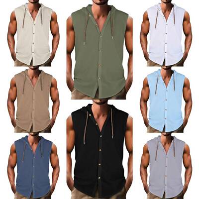 Summer men's casual sleeveless hooded shirt 男士无袖连帽衬衫