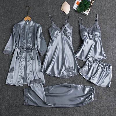 Sleepwear Female 5PCS Pajamas Set Satin Pyjamamas Home Wear