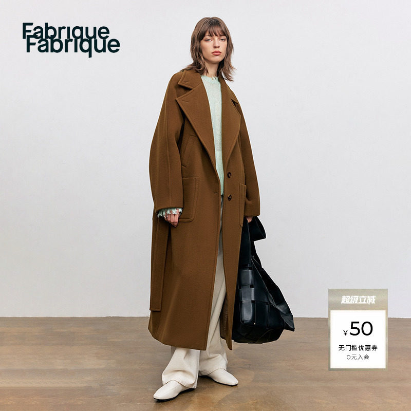 Fabrique【热可可大衣】宽松版型斜纹中长款羊毛大衣毛呢外套高级