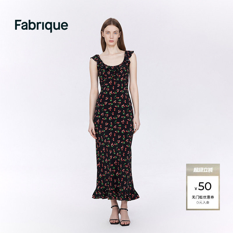 Fabrique 桑蚕丝真丝荷叶边小樱桃印花鱼尾连衣裙女夏季新款