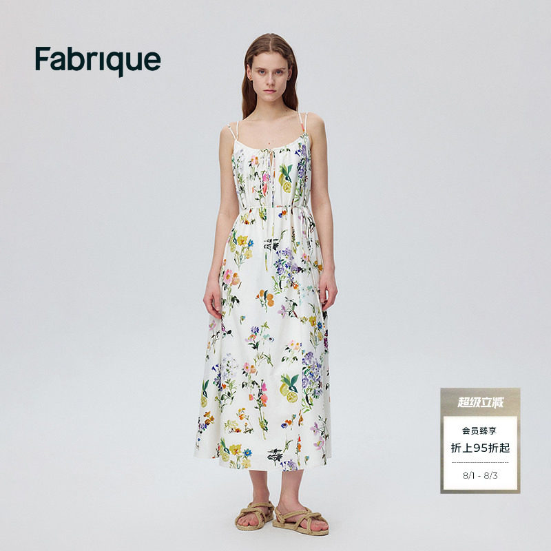 Fabrique 桑蚕丝棉混纺系带花卉印花吊带连衣裙女夏季新品