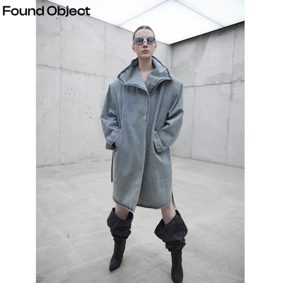 FoundObject中长款牛仔风衣外套