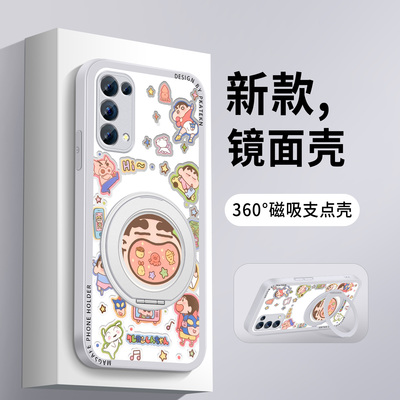 适用opporeno5手机壳新款大嘴小新reno5pro+镜面reno5k带支架Reno4Pro超薄reno4se女生保护套防摔硅胶硬外壳