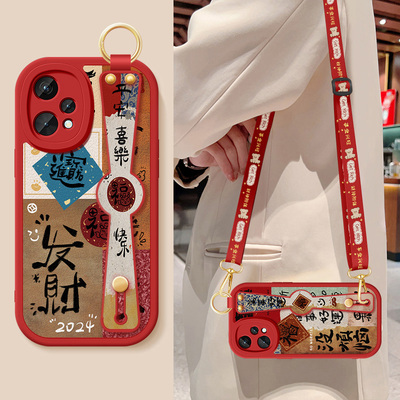 适用真我v60手机壳v60s新款女士发财好运v50s背带斜跨腕带挂绳v50小羊皮v30t防摔opporealmev30软壳v25保护套