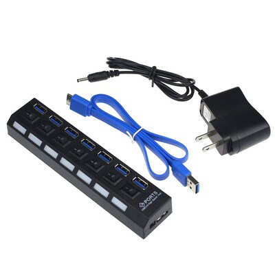7 Port USB 3.0 HUB High Speed With Power Adapter For PC Lap