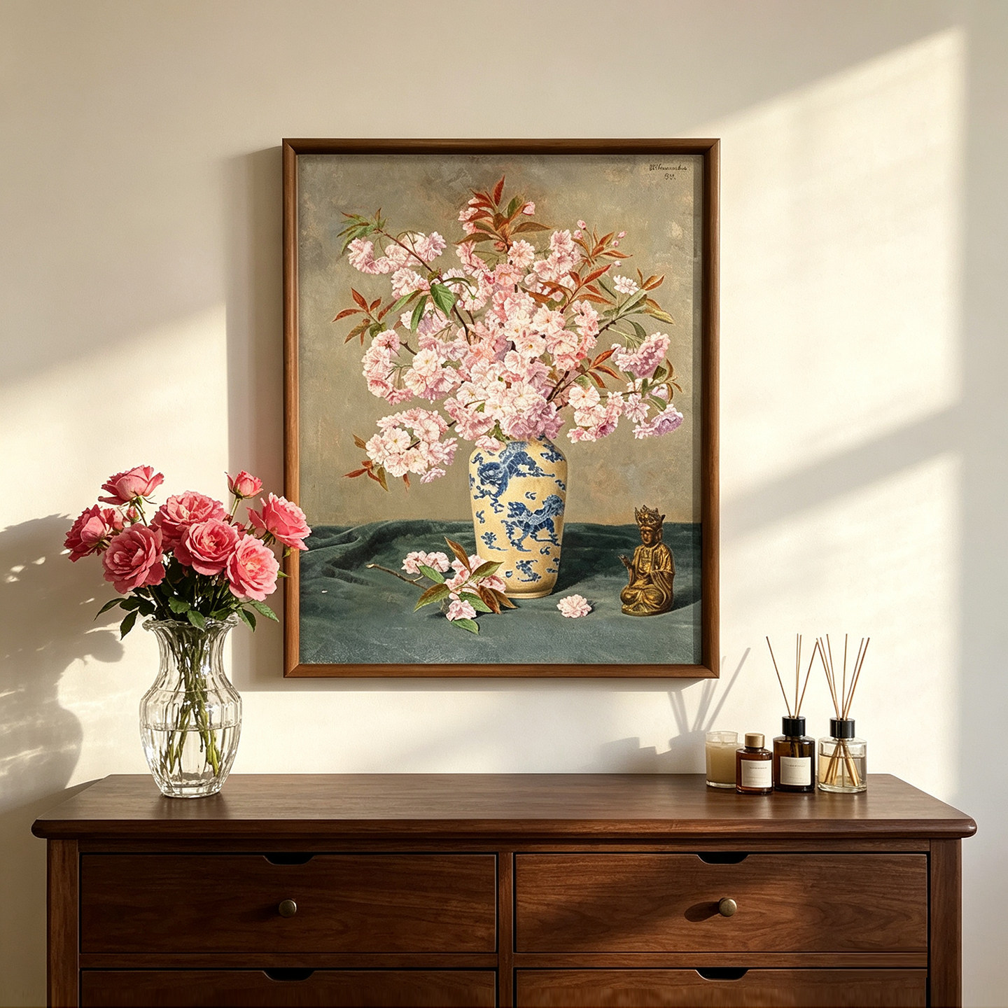 法式中古风樱花静物油画布喷绘挂画餐厅斗橱复古小众艺术装饰画
