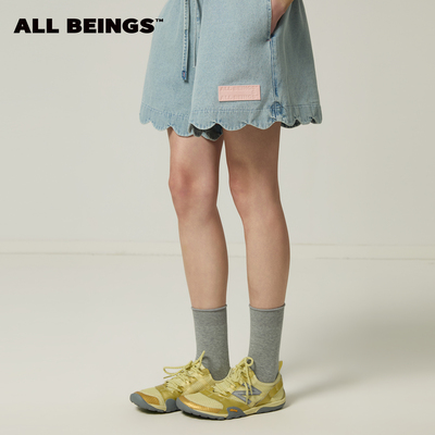 ALL BEINGS26SS春夏新款浅蓝洗水花边牛仔松紧腰休闲百搭短裤