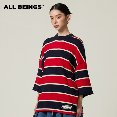 ALL BEINGS26SS后背开扣oversize复古撞色条纹圆领针织衫春夏新款