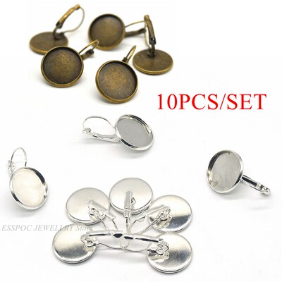 10 PCS Stud Earring Hooks Round Plated 16 MM Glass Cabochon