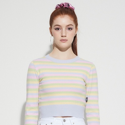 LUVISTRUE 撞色条纹圆领短款长袖针织衫