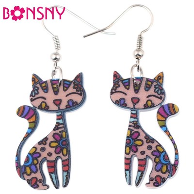 Bonsny Acrylic Cartoon Floral Smile  Kitten Earrings Big