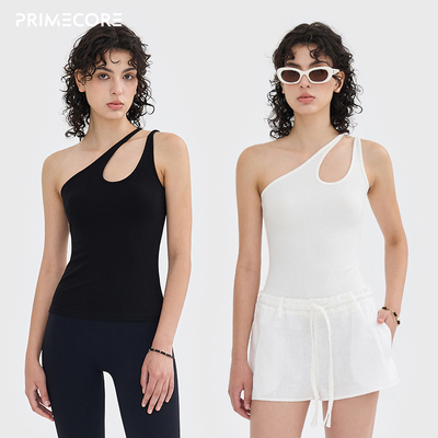 PRIMECORE单侧镂空双肩带斜领露肩背心 不对称女士吊带衫上衣