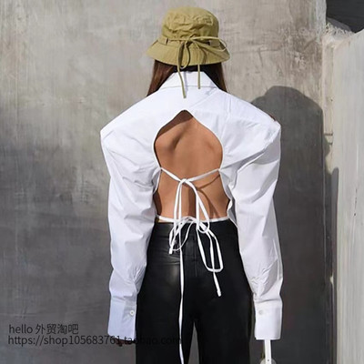 欧美风露背系带衬衫有肩垫法式收腰衬衣 backless lace-up shirt