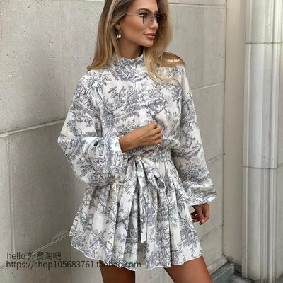 欧美风印花泡泡袖立领系带连衣裙 Standing collar printed dress
