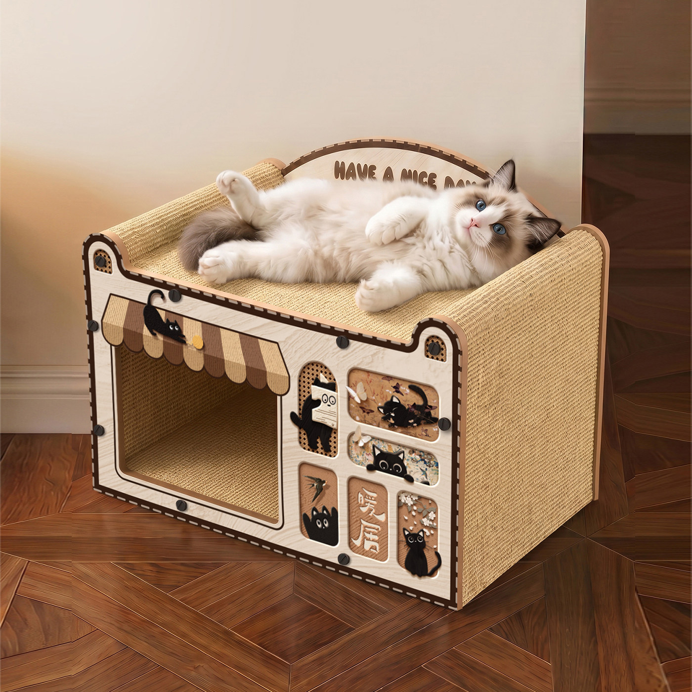 中古风猫抓板猫窝一体式耐抓不掉屑瓦楞纸逗猫磨爪沙发猫咪玩具大
