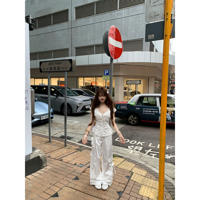 白色直筒休闲蕾丝拼接休闲裤