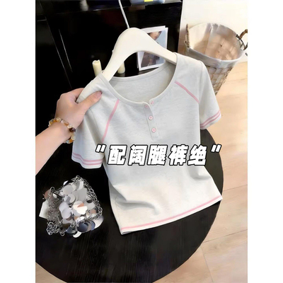 浅灰色条纹正肩短袖T恤女