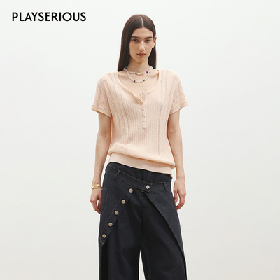 Medium Well 2026春夏新款圈圈纱镂空钩花亨利领T恤女休闲风上衣