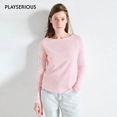American Vintage 2026春夏新款粉色圆领长袖T恤女简约休闲上衣