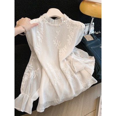 温柔风精致绝美钉珠荷叶领蕾丝打底衫女春装宽松内搭喇叭袖小上衣