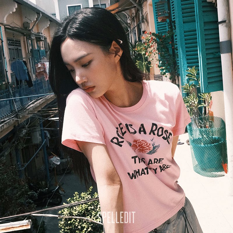 SPELLEDIT新品侧锁边玫瑰T恤印花个性修身圆领短袖上衣女