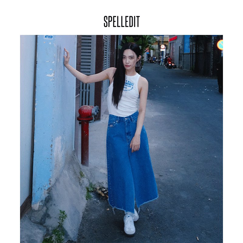 SPELLEDIT夏款开叉A字牛仔长裙开叉个性设计随性半身裙女