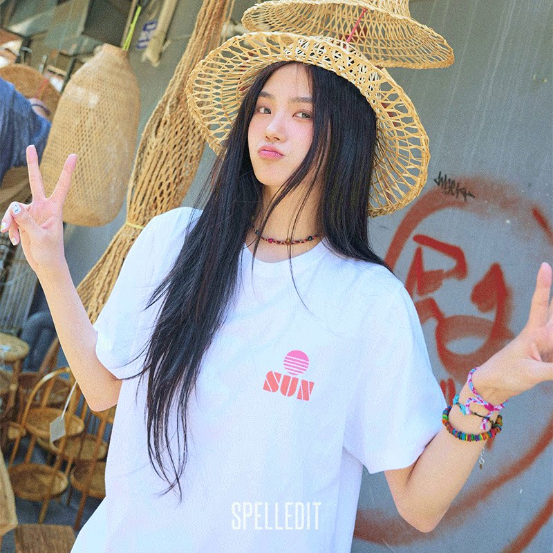 SPELLEDIT春季新品夕阳印花T恤圆领短袖T恤宽松休闲上衣女