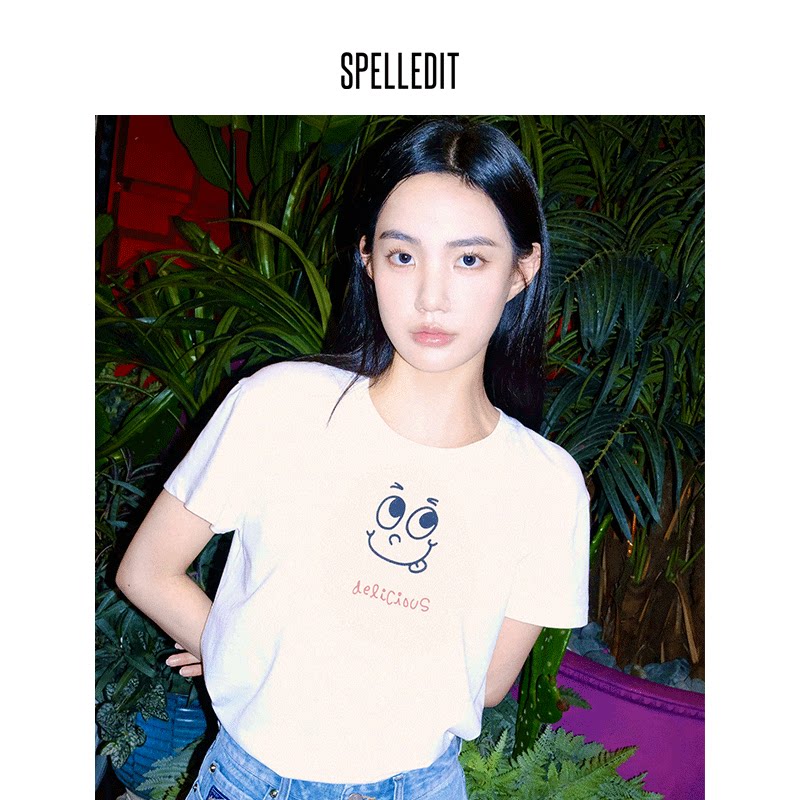 SPELLEDIT夏季新品馋嘴笑脸T恤韩版宽松休闲时尚短款上衣女