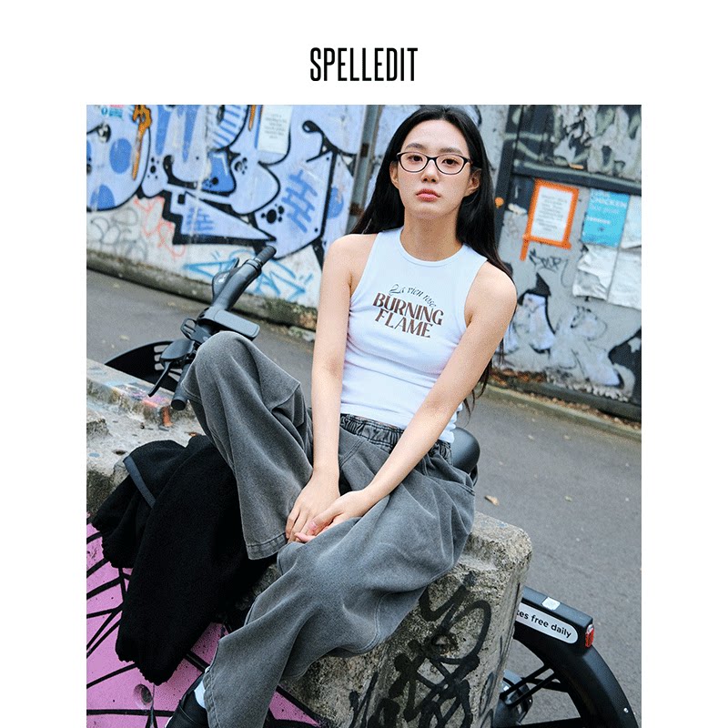 SPELLEDIT印花BURNING FLAME吊带修身简约背心上衣女