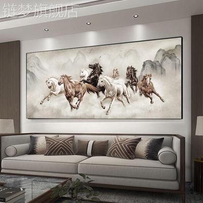 网红八骏图客厅挂画国画办公室沙发饰背景墙万马奔腾骏装画马图壁