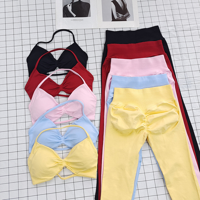 健身套装dfyne欧美无缝健身裤三段式提臀女细带挂脖美背两件套