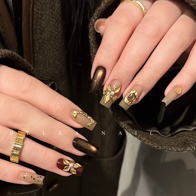 【富贵花】猫眼捏捏小花老钱风纯手工穿戴甲渐变腮红指甲贴片短款